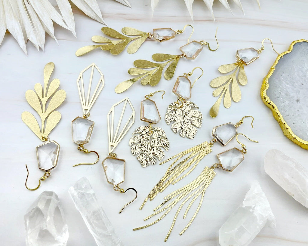 Gold Formal Earrings - Duster Earrings - Monstera Art Deco - Wedding ...