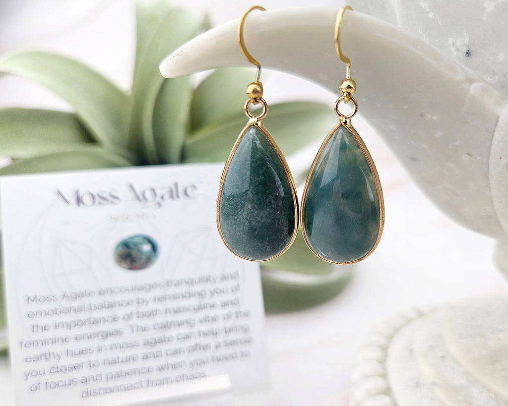 Moss Agate Tear Drop Earrings - Natural Gemstone Earrings - Meaningful ...